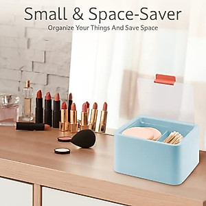 HOMEQUIP bathroom Organizer Cotton Pad & Q Tip Storage with Lid – Aqua Qtip Dispenser Box with 2 Sections for Cotton Swab Balls, Makeup Sponge, Tooth Pick, Hair Accessories & Much More