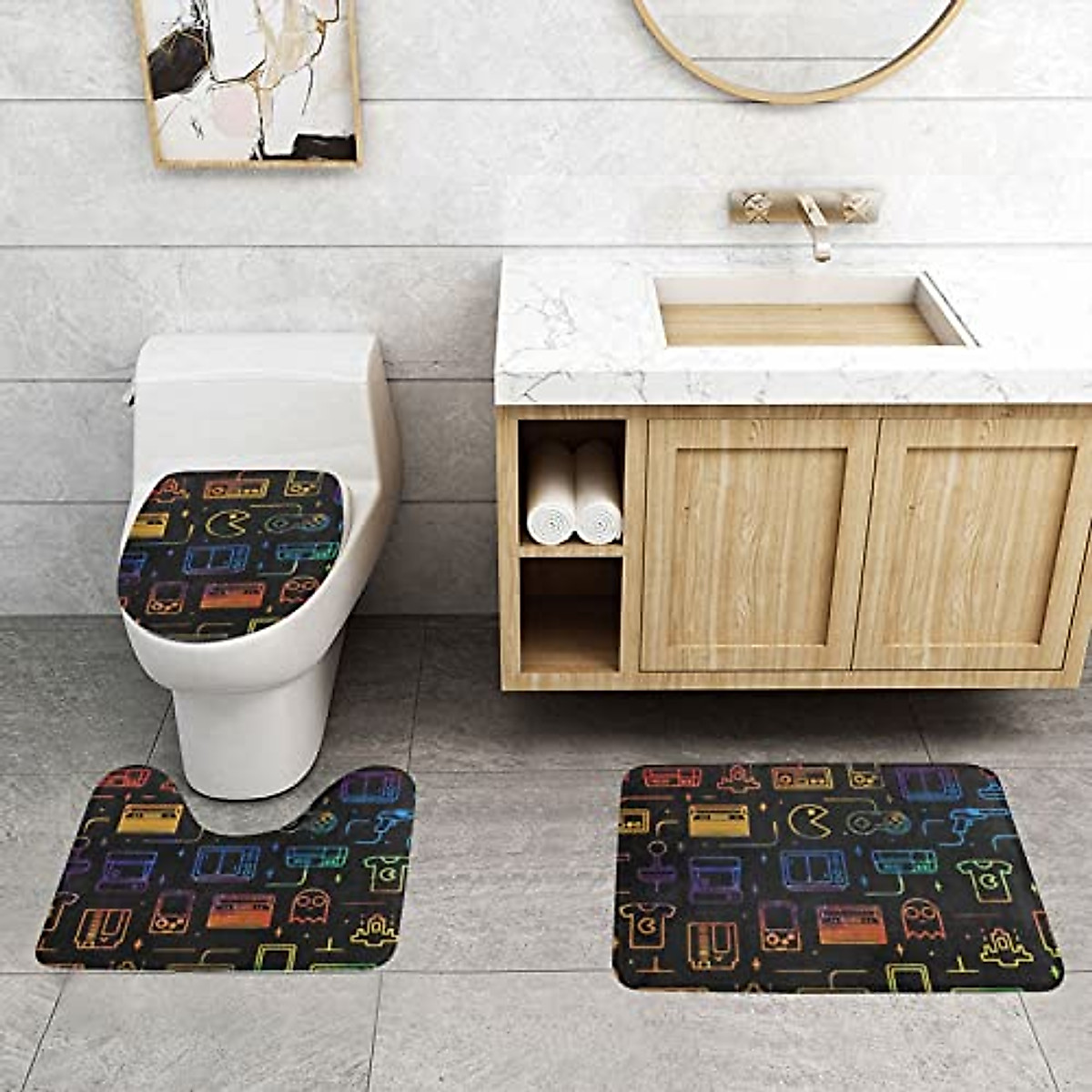 3 Pieces Bathroom Rugs Set Game Video Gaming Pattern Print 3 Pieces Bathroom Rugs Set Bath Mat+Contour+Toilet Lid Cover Bathroom Antiskid Pad