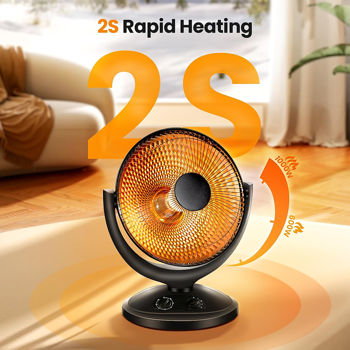 Kismile Oscillating Parabolic Space Heater with Thermostat and Timer, Radiant Dish Heater with Tip-Over and Overheating Protection For Indoor Use, 1000w