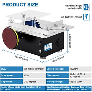 MXBAOHENG Mini Precision Table Saw 4'' Small Portable Hobby Table Saw for Crafts, 1.18 Inch Cutting Depth, DIY Mini Table Saw 120W with Sanding Disc for Wood/Plastic Cutting