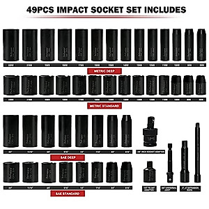 BeHappy 3/8" Impact Socket Set, 49Pcs Socket Set, Drive Impact Socket Set includes Metric (8-22mm) and SAE Socket Set (5/16"-3/4"), Deep/Standard, Cr-V, 6 Point,Extension Bars,Universal Joint,Adaptor