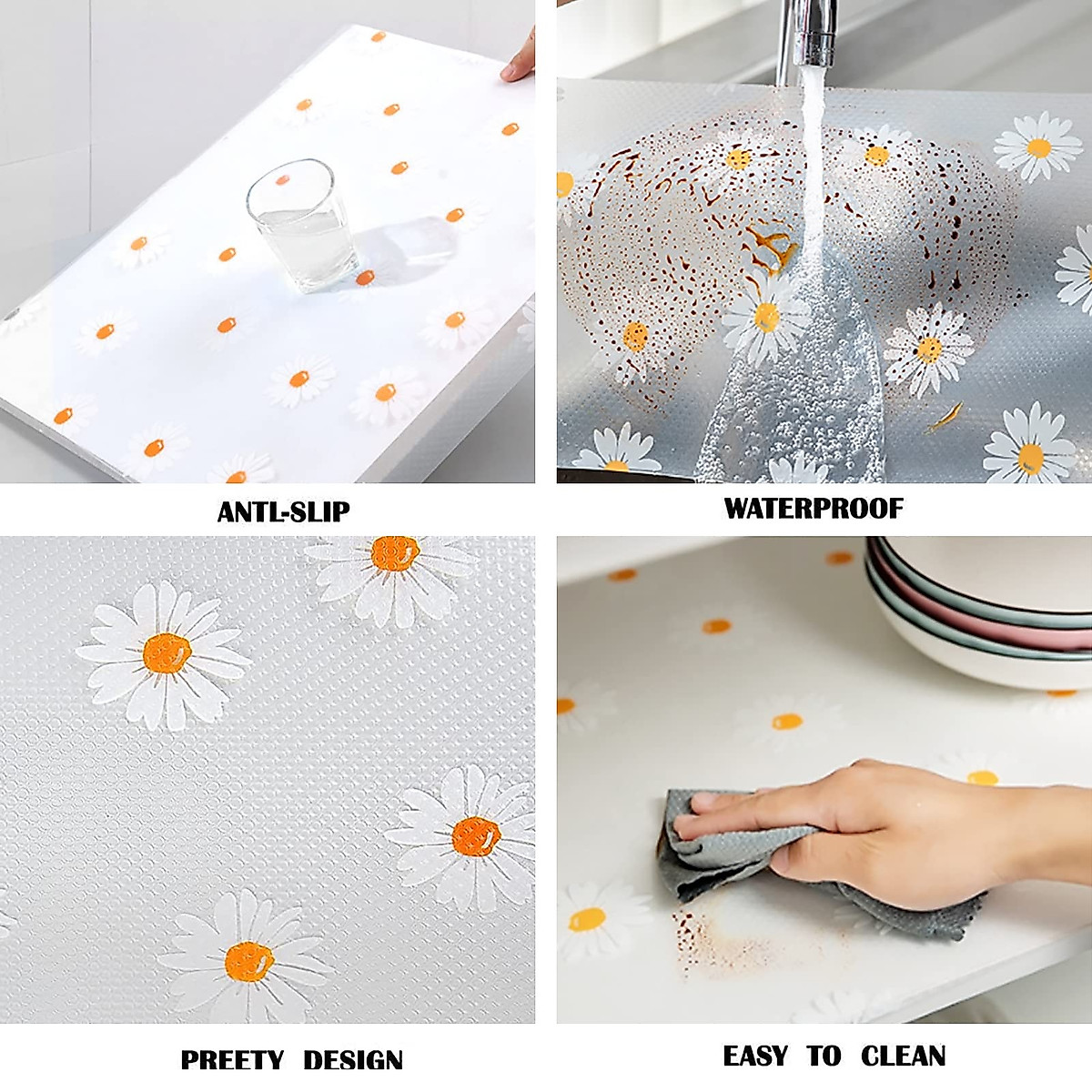 Jacriah Daisy Shelf Liner for Kitchen Cabinets Non-Adhesive Drawer Liner Non-Slip Refrigerator Liner Waterproof Fridge Pad Cupboard Mat Easy Placemats, Ideal for Wire Pantry Bathroom, 11.8"X59"
