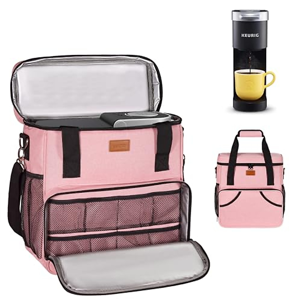IAVEYG Coffee Maker Travel Bag Compatible with Keurig K-Mini or K-Mini Plus,Single Serve Coffee Brewer Portable Storage Bag with Multiple Pockets for K-Cup Pods,Storage Bag With Shoulder Strap (Pink)