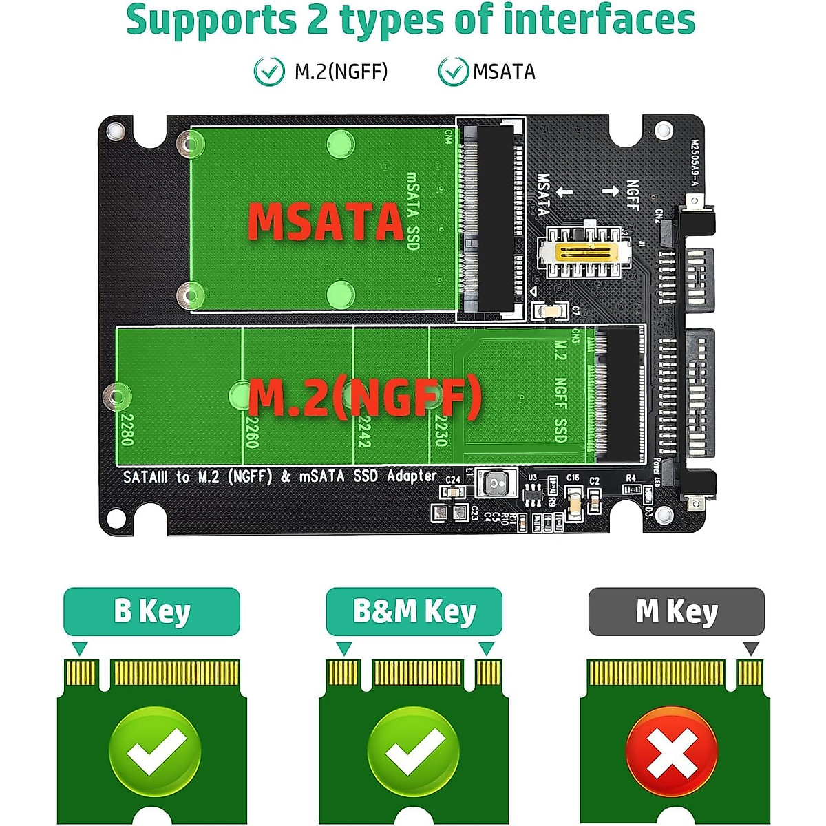 ELUTENG M.2 SATA to SATA Adapter (Not Support NVME/M.2 PCIE) MSATA and B Key/B&M Key M.2 NGFF SDD to 2.5" SATA III 2 in 1 Converter Supports MSATA/M.2 NGFF SSD Not for M Key