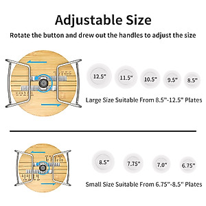 Bamboo Plate Holders for Dinner Plates, 2 Pack Adjustable Stainless Steel Plate Dish Rack Organizer with Portable Handle for Kitchen Drawer, Countertop, Cabinet, Shelf, Cupboard (Small and Large)