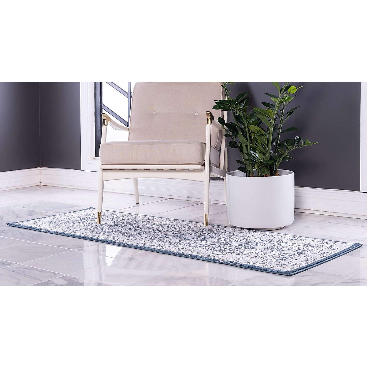 Unique Loom Leila Collection Distressed, Traditional, Vintage, Border, High-Low Pile, Botanical Area Rug, 8' 0 x 8' 0 Square, Navy Blue/Ivory