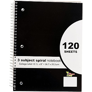 4-Pack 10½" x 8" 3 Subject Spiral Notebook, College Ruled, 120 Sheets per