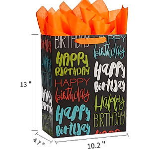 SUNCOLOR 13" Black Large Birthday Gift Bag with Orange Tissue Paper(Colorful Happy Birthday)