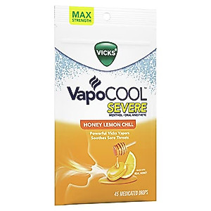 Vicks VapoCOOL Severe, Medicated Drops, Menthol Soothes Sore Throat Pain Caused by Cough, Honey Lemon Chill Flavor, 225 Drops (5 Packs of 45)