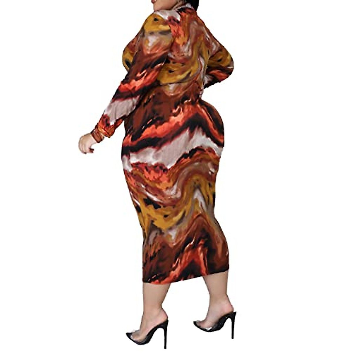 Uni Clau Women Sexy Plus Size Bodycon Dress Floral Print Long Sleeve Midi Dress V Neck Casual Party Dress with Belt Yellow L