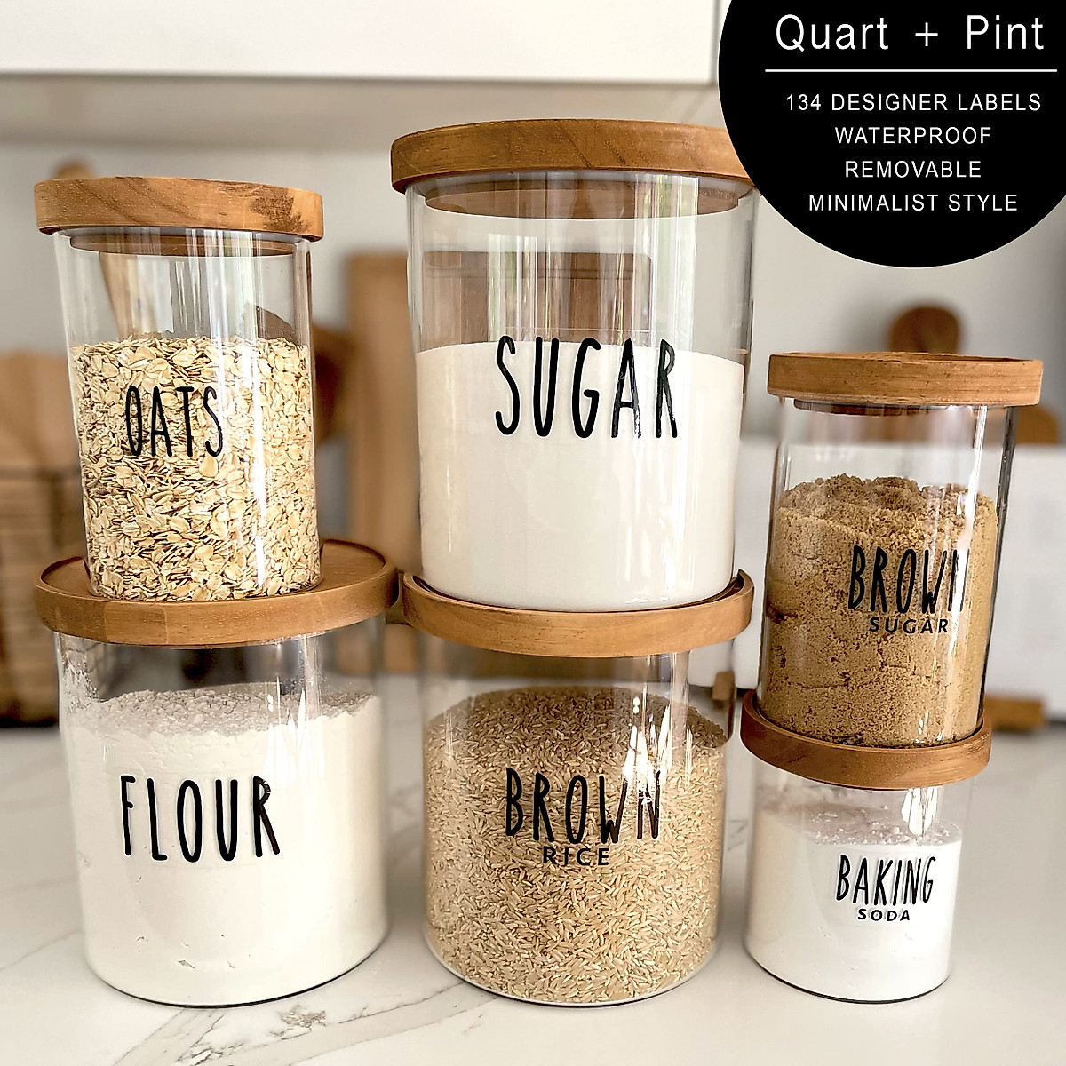 QUART + PINT 155 Kitchen Pantry Labels for Containers. Preprinted Clear Handwritten Stickers with Black Text. Waterproof Vinyl Stickers. Organization Labels for Jars Canisters & Home Storage Bins.
