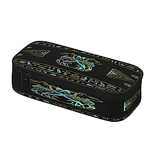 Egyptian Cats Hieroglyphs Gold Blue Large-Capacity Pencil Case Storage Bag Desk Storage Box Double Zipper Pencil Case Multifunctional Ladies Cosmetic Bag