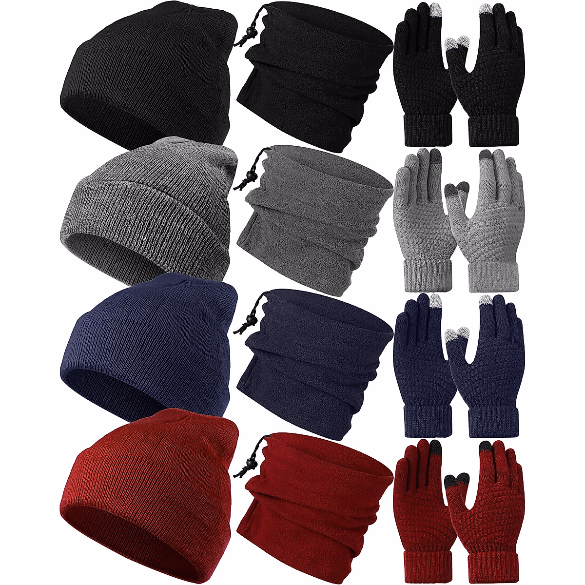 Liitrsh 12 Pcs Winter Beanie Hat Scarf Touchscreen Gloves Set Skull Cap Knit Fleece Neck Warmer Touch Screen Mittens for Women Men (Classic Colors)