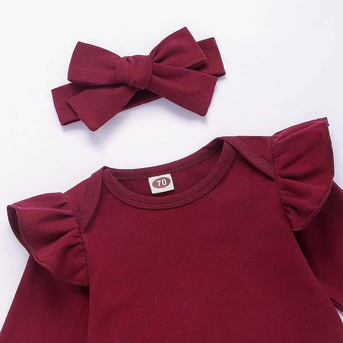 CETEPY Baby Girl Clothes Newborn Outfits Infant 3Pcs Tops + Pants + Headband or Hats Wine red flower 0-3 Months 70cm