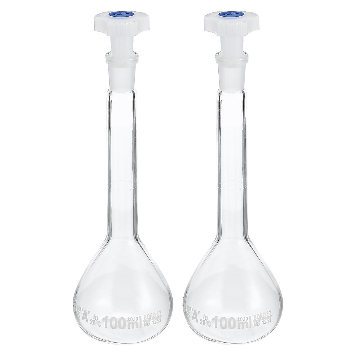 PATIKIL 100ml Volumetric Flask, 2Pcs 3.3 Borosilicate Glass Graduated Volumetric Measuring Flask with Plug Cap Tolerance 0.1ml for Lab Experiment, Clear