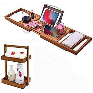 Utoplike Teak Bathtub Caddy Tray Bath Tray for Tub and Teak Wood Shower Caddy Corner 2 Tier Bathroom Organizer Countertop Set