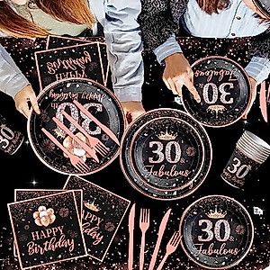 142Pcs 30th Birthday Tableware Decorations for Women Rose Gold Happy 30 Birthday Party Supplies for Her Disposable Tablecloth,Plates,Napkins,Cups,Forks and Knives for Girls 30th Birthday Party
