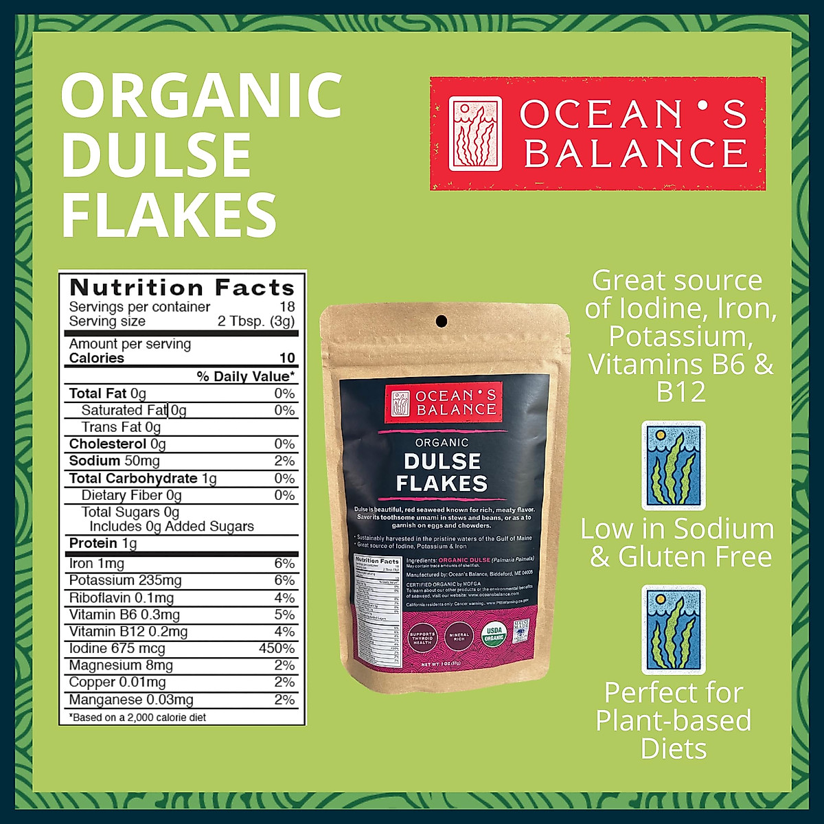 Ocean’s Balance Organic Dulse Flakes - Maine Coast Seaweed - Atlantic Ocean Sea Vegetables, Perfect for Keto Diet, Paleo Diet, Vegetarian Lifestyle or Vegan Diet - Gluten Free - 3oz Bag