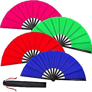4 Pieces Large Folding Fan Silk Hand Fan Chinese Japanese Kung Fu Tai Chi Handheld Fan Folding Dancing Prop Craft Fan for Men Women Festival Wedding Party (Royal Blue, Rose Red, Green, Red)