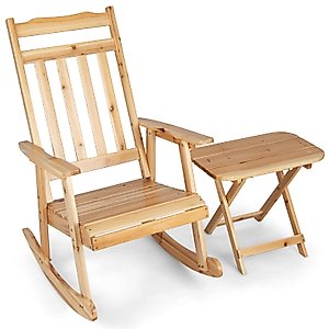 Giantex Outdoor Rocking Chair Set, Front Wooden Rocking Chair, Fir Wood Porch Rocker with Foldable Side Table, Patio Rocker Bistro Set for Backyard, Garden, Poolside, Balcony (1, Natural)