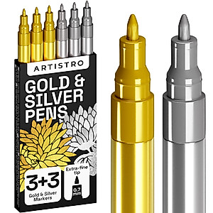 Metallic Acrylic Paint Pens for Rock Painting, Stone, Ceramic, Glass, Wood, Fabric, Canvas, Metal, Scrapbooking (6 Pack) Set of 3 Gold & 3 Silver Acrylic Paint Markers Water-Based Extra-Fine Tip 0.7mm