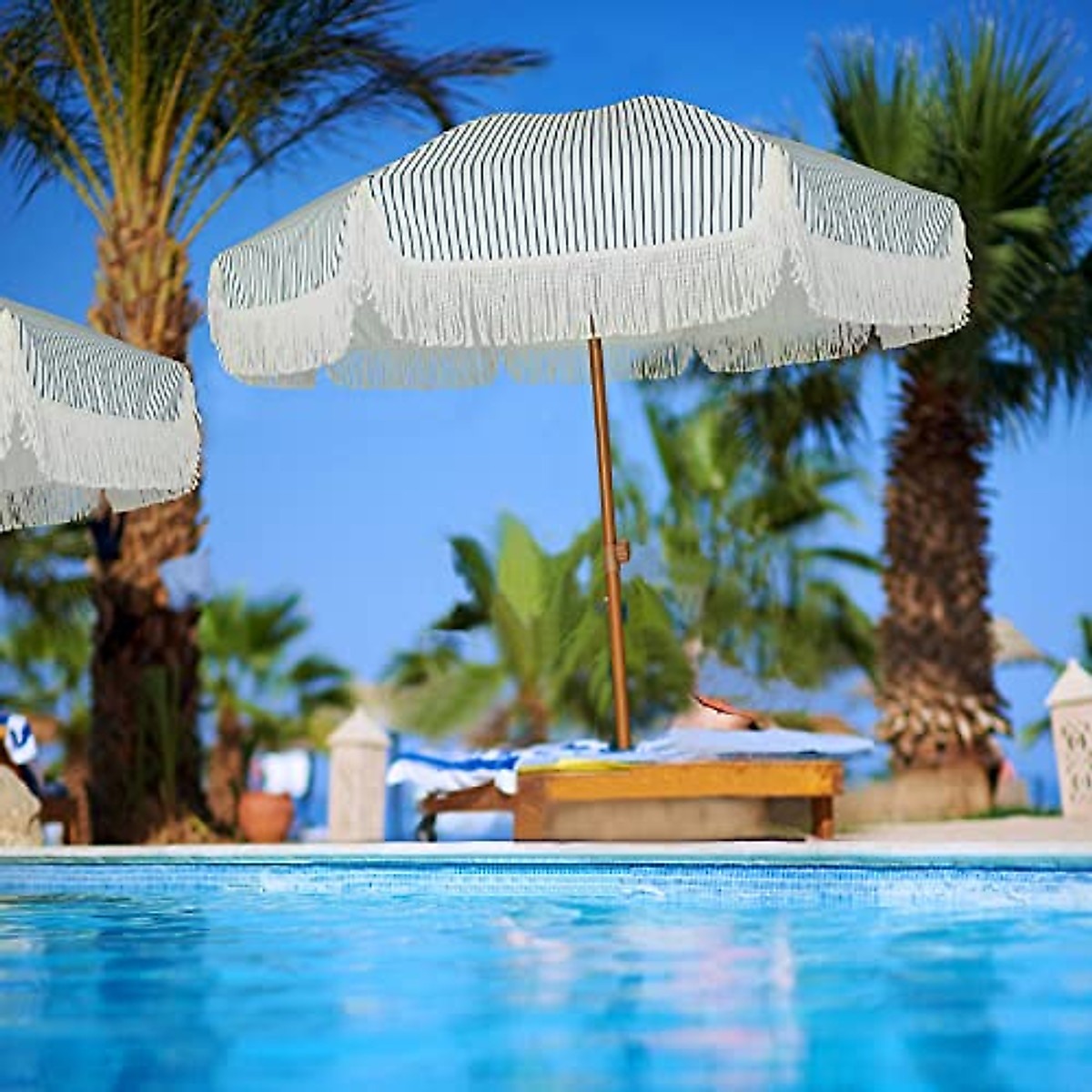 AMMSUN 7ft Patio Umbrella with Fringe Outdoor Tassel Umbrella UPF50+ Premium Steel Pole and Ribs Push Button Tilt,Navy Blue Stripes