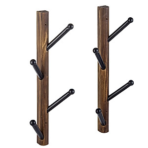 MyGift Rustic Wood and Black Metal Coat Rack, Vertical Wall Mounted Hat Hanging Coat Tree Hook Rack, Set of 2