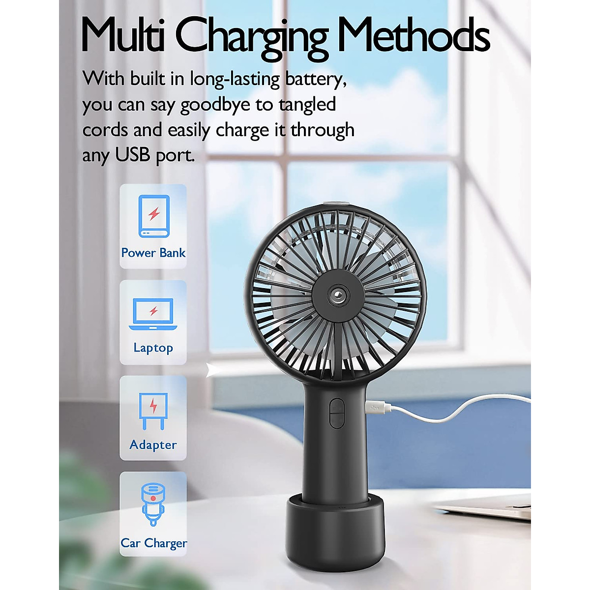 Portable Hand held Misting Fan, Small Personal USB Rechargeable Battery Operated Spray Fan Mister with 20ml Water Tank Mist Lash Fan Quiet 3 Speed Strong Cooling Wind for Travel Office Outdoors black