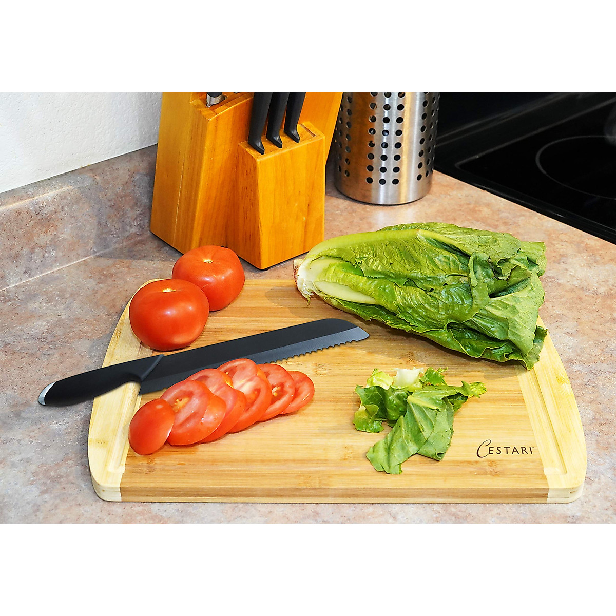 Cutting Board Set: Advanced Ceramic Serrated Bread Knife and Natural Bamboo Cutting Board - the Perfect Combination