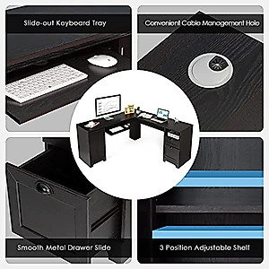 Tangkula 66" × 66" L-Shaped Desk, Corner Computer Desk with Drawers Keyboard Tray and Storage Cabinet, Home Office Desk, Sturdy and Space-Saving Computer Workstation