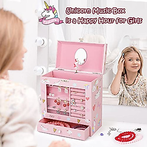 efubaby Jewelry Box for Girls Perspective Window Musical Jewelry Box for Girls with 3 Drawers & Unicorn Jewelry Set Birthday Gifts for Little Girls Kids Jewelry Storage Organizer Christmas Gifts Pink