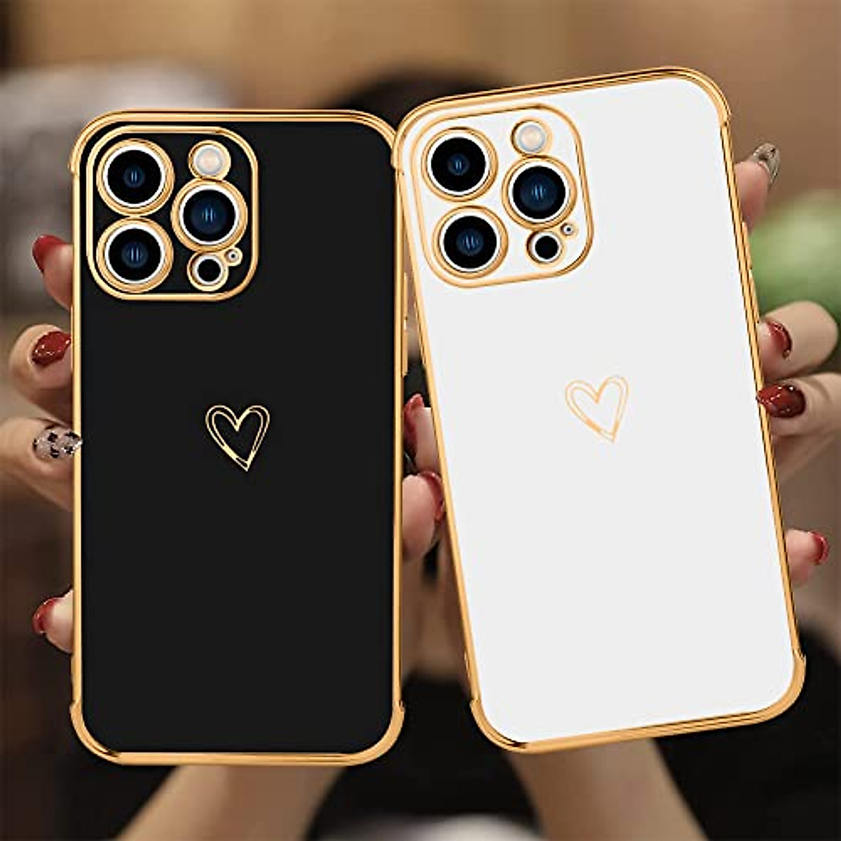 MZELQ Compatible with iPhone 14 Pro Case for Women Cute Luxury Love Heart Pattern Design Full Camera Protection Soft TPU Reinforced Corners Protective Plating Edge Phone Case 6.1 in 2022 - Black