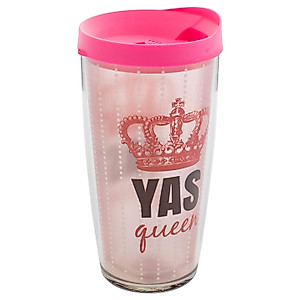 Signature Tumblers Yas Queen Wrap on Clear 16 Ounce Double-Walled Travel Tumbler Mug with Fuchsia Easy Sip Lid
