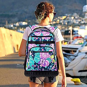 Rolling Backpack for Girls, 21 Inch Water Resistant Flowers Butterfly Bookbag with Roller Wheels, Elementary Wheeled Backpacks for Teens Students School Travel