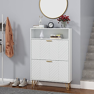 Auromie Shoe Cabinet, Freestanding Tipping Bucket Shoe Storage Cabinet with 2 Flip Drawers, Modern Entryway Shoe Rack with Storage Top Cubby, Narrow Slim Hidden Shoe Organizer with Doors (White)