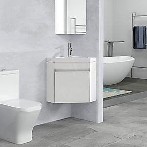 wonline 16" Corner Bathroom Vanity Sink Combo for Small Space Wall Mounted Cabinet Set Design White Resin Basin Sink Top Chrome Faucet and Drain