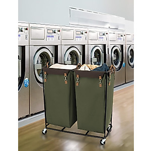 StorageWorks Laundry Sorter Cart with 2 Sections, 390L Laundry Cart with Wheels, Extra Large Double Laundry Hamper, Laundry Basket Divider for Hotel, Home, Green, 1-Pack