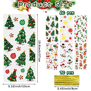 Christmas Treat Bags, Christmas Candy Bags, Christmas Bags for Goodies, 60 PCS Christmas Cellophane Bags with Ties, Christmas Plastic Bags, Christmas Cello Bags for Christmas Day Party Favor Supplies