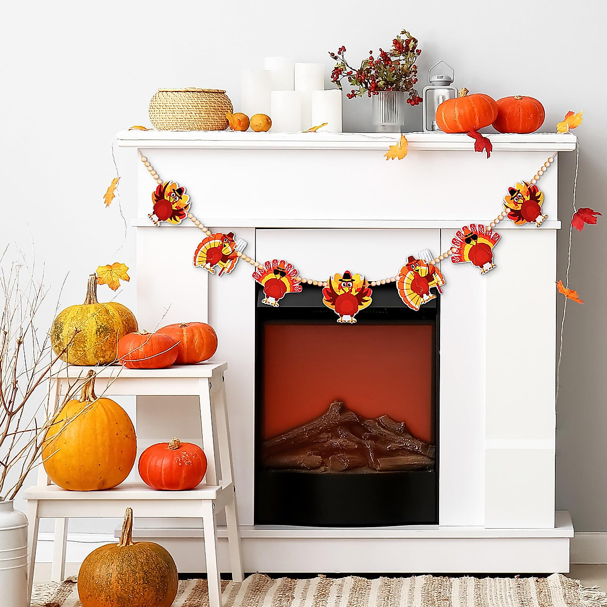 Capoda Thanksgiving Decorations Felt Turkey Banner Garland with Wood Beads Thanksgiving Party Hanging Decorations for Fireplace Mantle Wall Fall Harvest Friendsgiving Party Supplies, 3.9 Ft