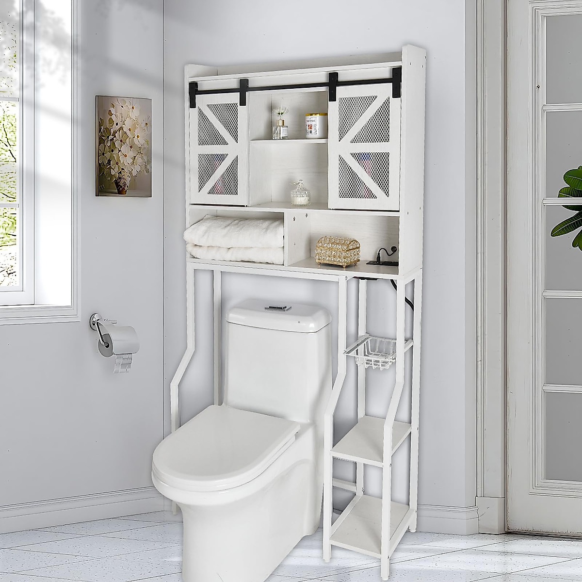CHANFOK Over The Toilet Storage Cabinet, Storage Cabinet Over Toilet with 2 Barn Door and Toilet Paper Holder Stand,RGB Light Strip,Home Space-Saving Toilet Rack, for Bathroom, Restroom, Laundry