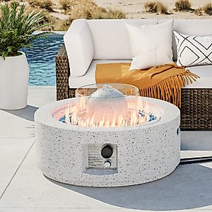 COSIEST Outdoor Propane Fountain Fire Pit Table, 29.3-inch 50,000 BTU Firepit Round Terrazzo White Patio Heater, Stainless Steel Burner, Blue Fire Glass, Rain Cover