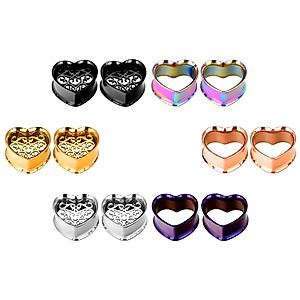 DERALA Stainless Steel Ear Tunnels 12pcs Hollow Heart Ear Gauges Stretcher Ear Piercing Expanders 00g