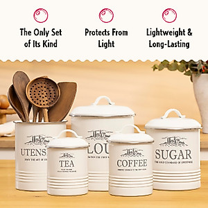 noonberry Set of 5 Canisters for Kitchen Counter, White Containers, Airtight Coffee Tea Flour Sugar Canisters Set & Utensil Holder for the Kitchen Countertop