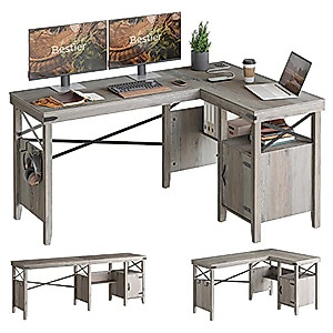 Bestier L-Shaped Home Office Computer Desk with Storage Cabinet & Bookshelf, Farmhouse Office Table for Writing Study, 60 x 42 Inch Convertible Corner Workstation Table with Shelves, Gray