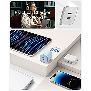 Spigen GaN III 352 35W 2 Ports Compact Foldable Dual USB C Wall Charger PD PPS Fast Charging Block Adapter for iPhone 15 Plus Pro Max 14 13 12 Mini iPad Air AirPods Galaxy S24 S23 S22 S21 Pixel 8 Fold