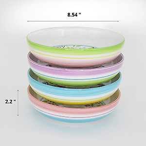 Euro Ceramica Charlotte Collection Pasta Bowls Set of 4 Service for 4, Watercolor Floral Design in Multicolor White Pink