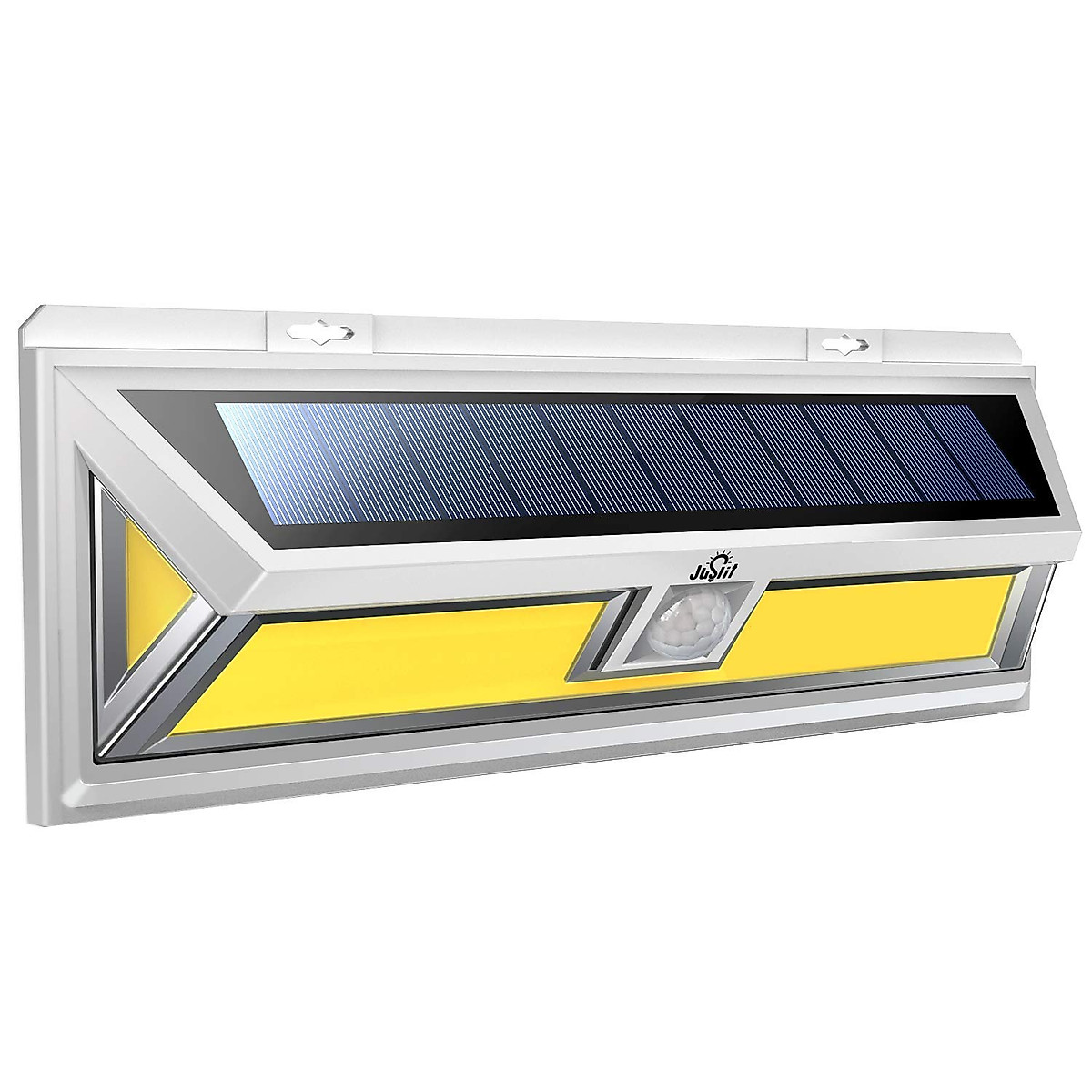 JUSLIT Solar Lights Outdoor, 144 COB LEDs Motion Sensor Light, 2 Modes Wireless Security Wall Lighting W/ 270° Wide Angle, IP65 Waterproof for Patio, Garden, Deck, Porch, Pathway, Garage (MAX 1PK)