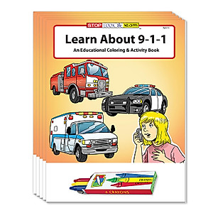 ZOCO - Emergency and Learn about 911 - Educational Coloring Books (50 Bulk Pack, With Crayons) - Police Handouts for Kids - Community Relations - Games, Puzzles, Activities