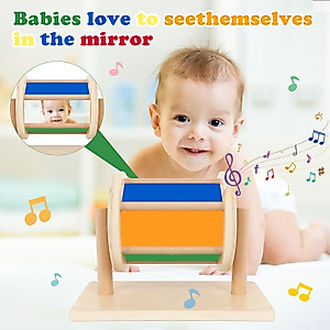 LEADER JOY Montessori Spinning Drum Baby Wooden Toys for 1-3 Year Old with Mirror and Bell for Infant Toddler, Sensory Development Toys Baby Toys Gifts