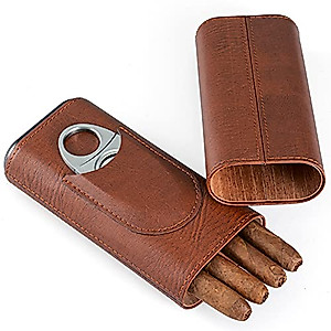 Oyydecor Cigar Case Cigar 3- Finger Carrying Case Set Cedar Wood Lined Leather, Cigar Humidor with Silver Stainless Steel Cutter (Brown)